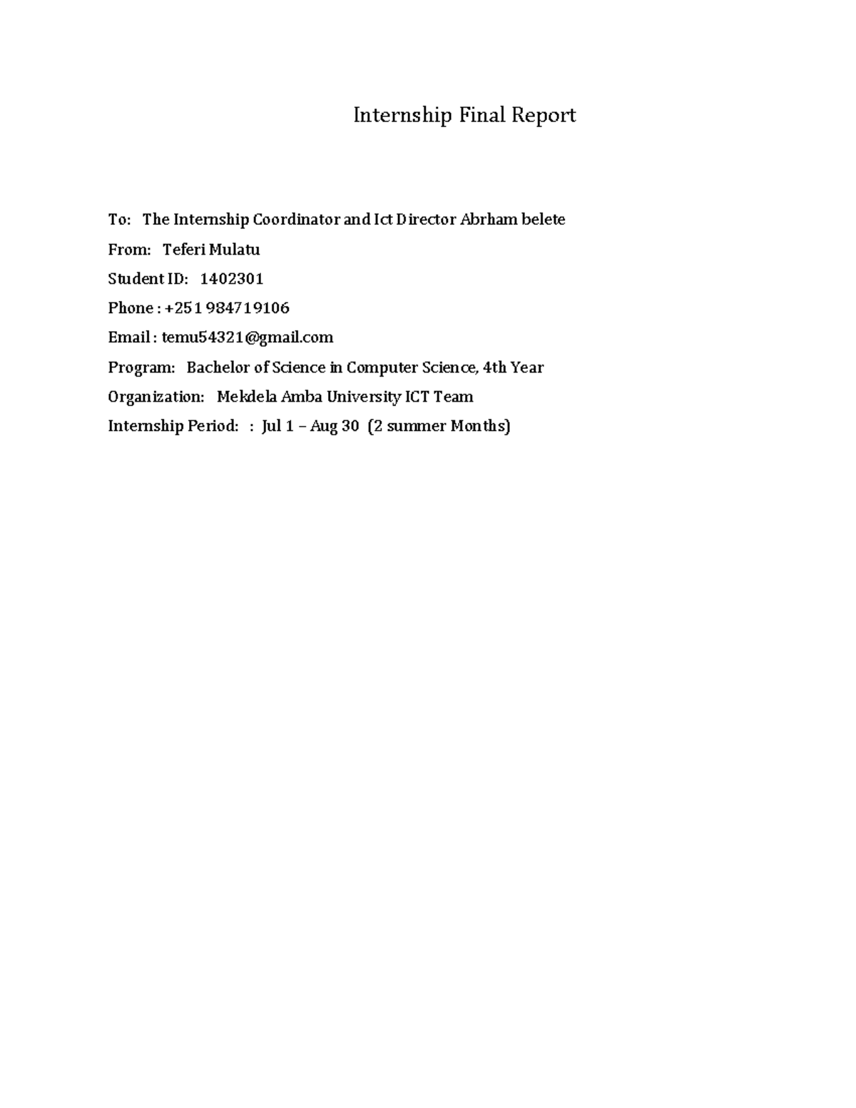 Internship Final Report - BSc Computer Science (1402301) - Studocu