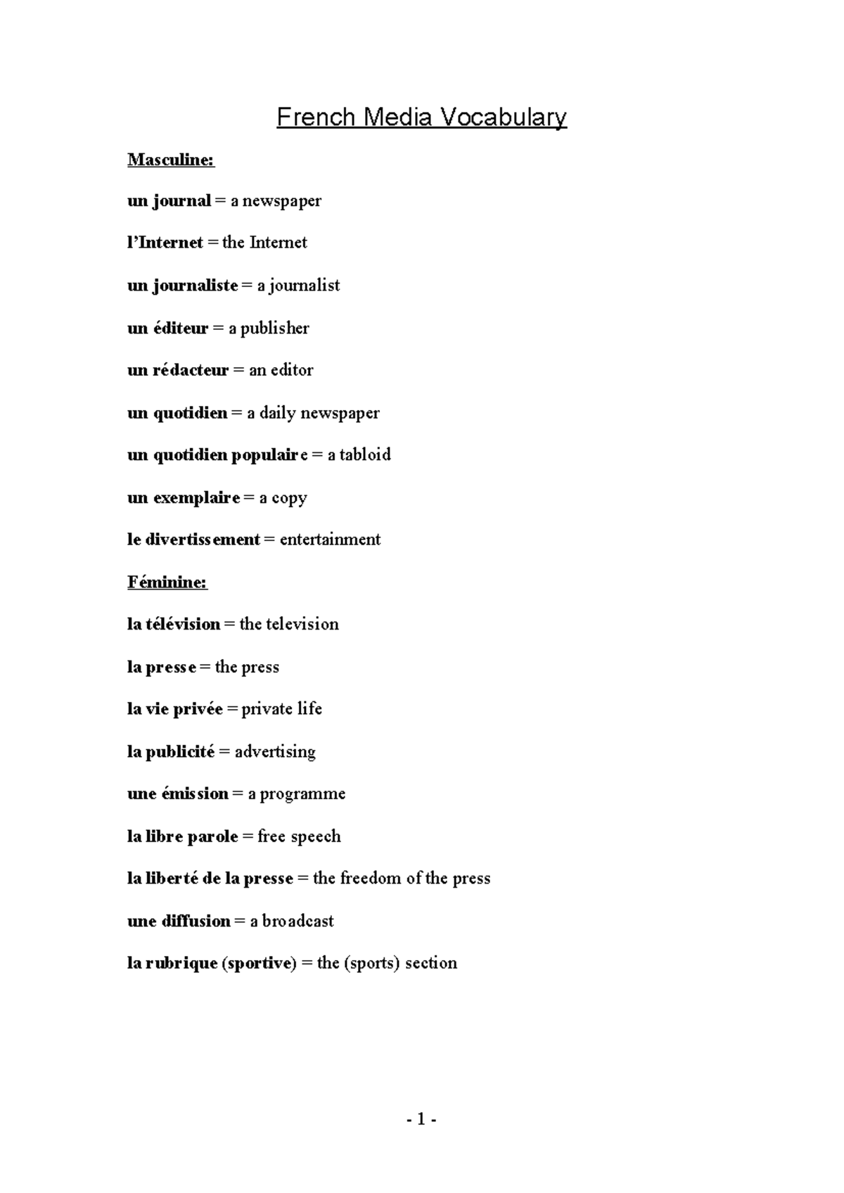New Medias Vocabulary - important - French Media Vocabulary Masculine ...