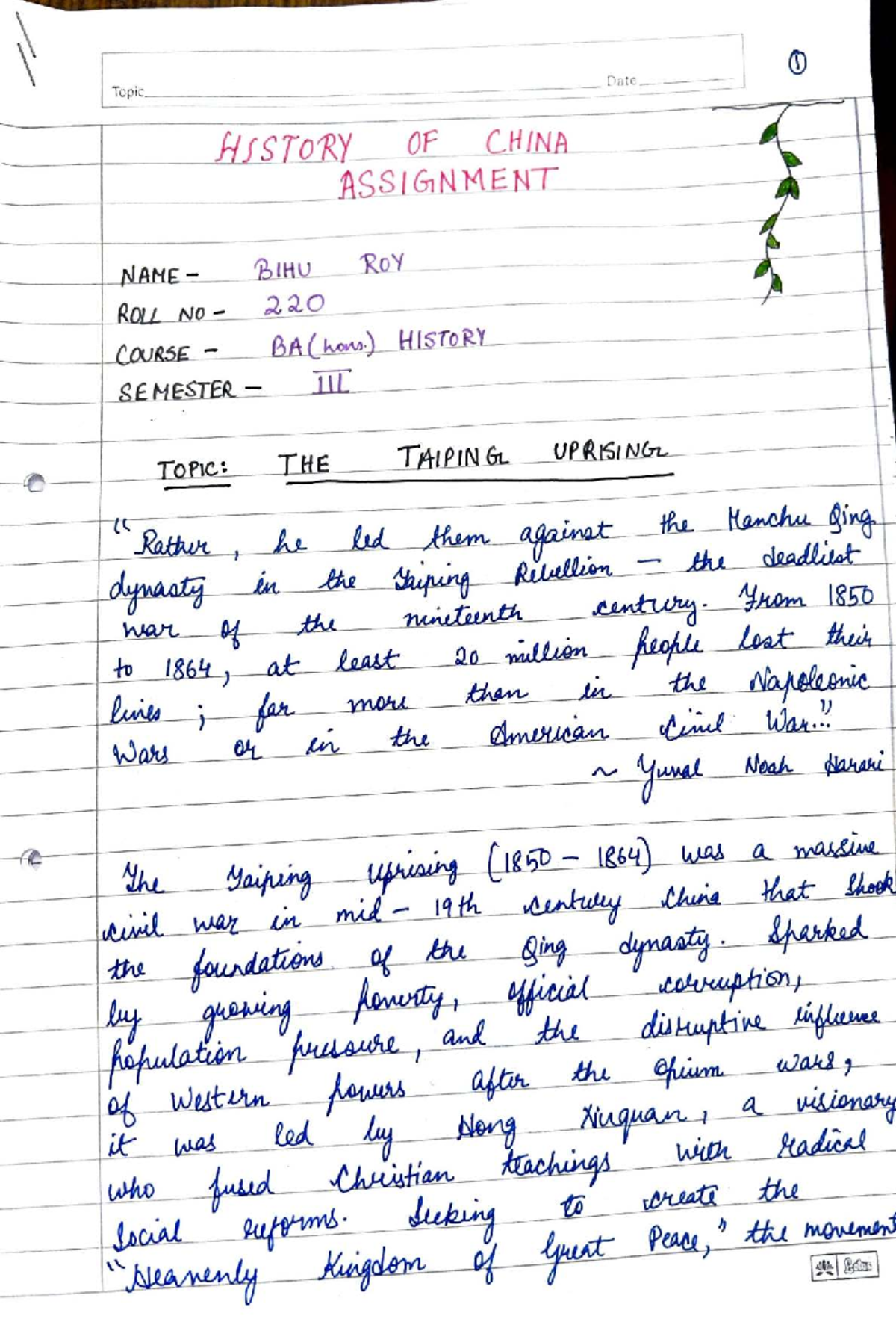 BA(Hons) History: The Taiping Uprising Assignment by Bihu Roy - Studocu