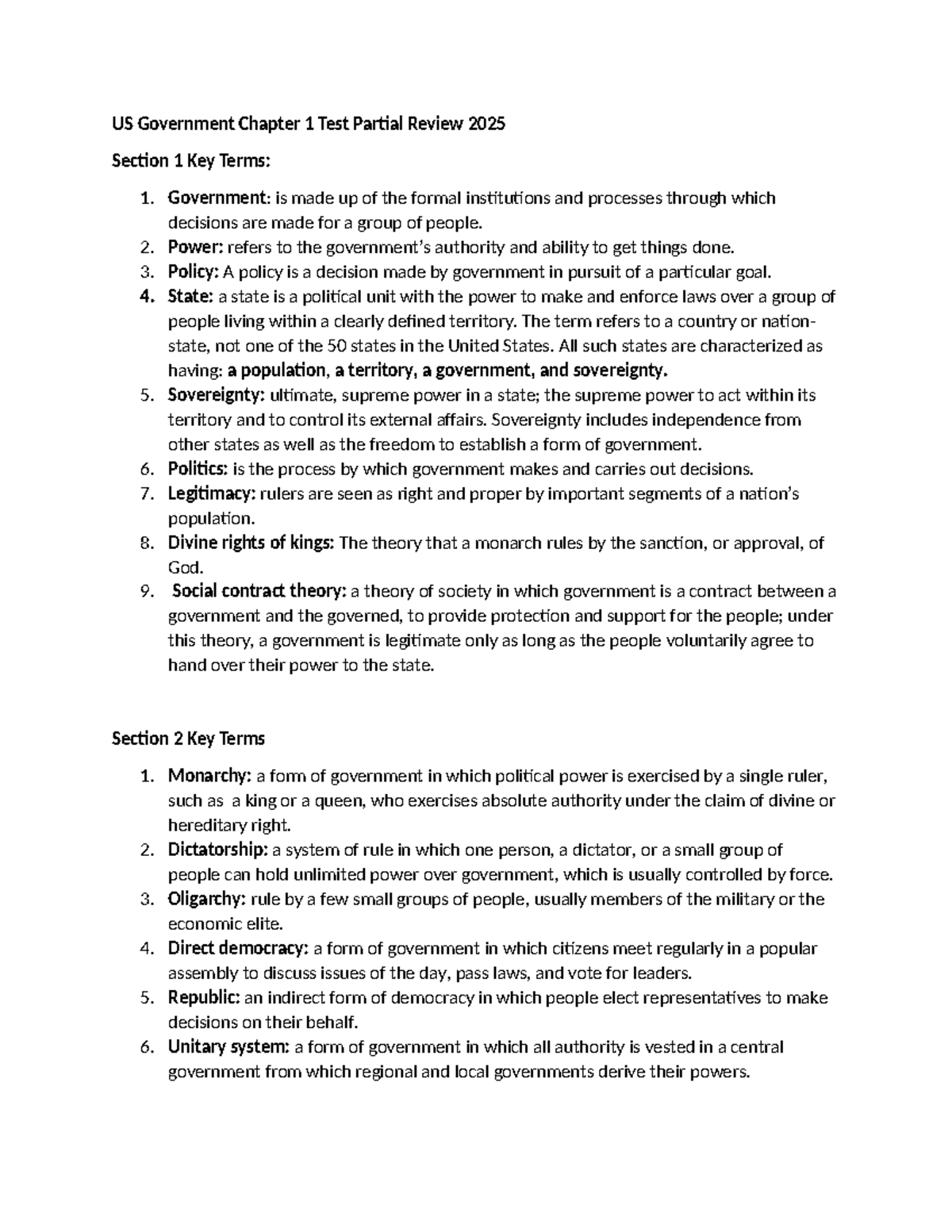 US Government Chapter 1 Test Review (2025) - Key Concepts & Terms - Studocu