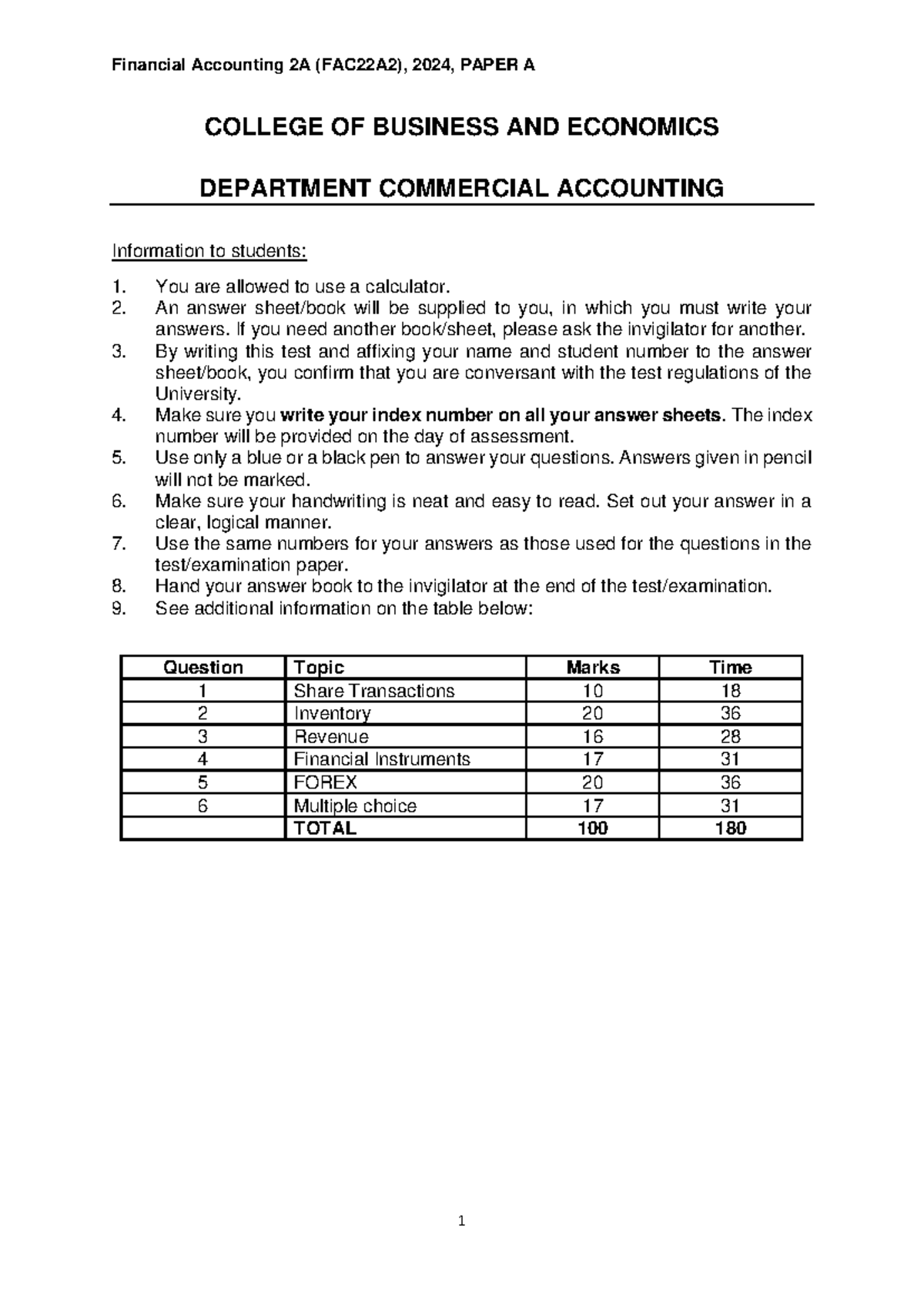 Financial Accounting 2A (FAC22A2), 2024, Exam Paper A Overview - Studocu