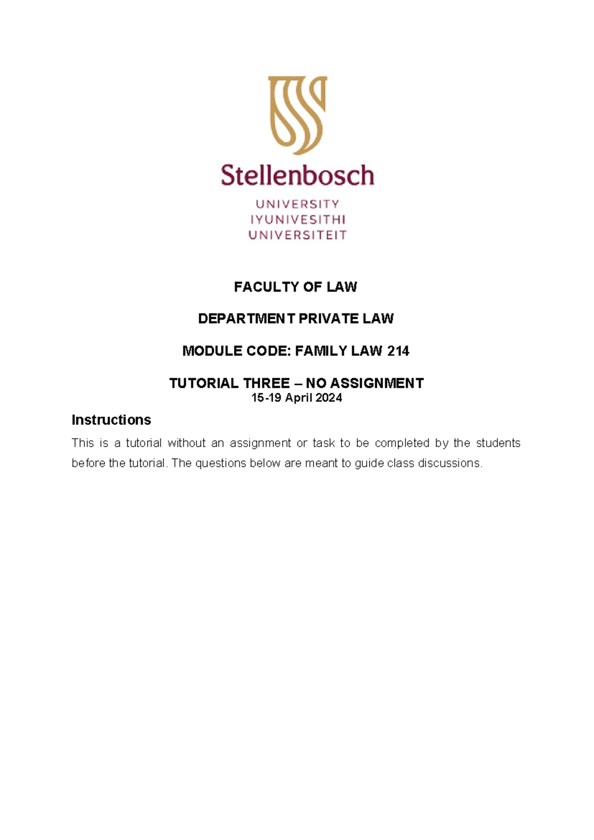 FAM LAW 214 - Tutorial 3 Discussion Questions Guide (No Assignment) - Studocu