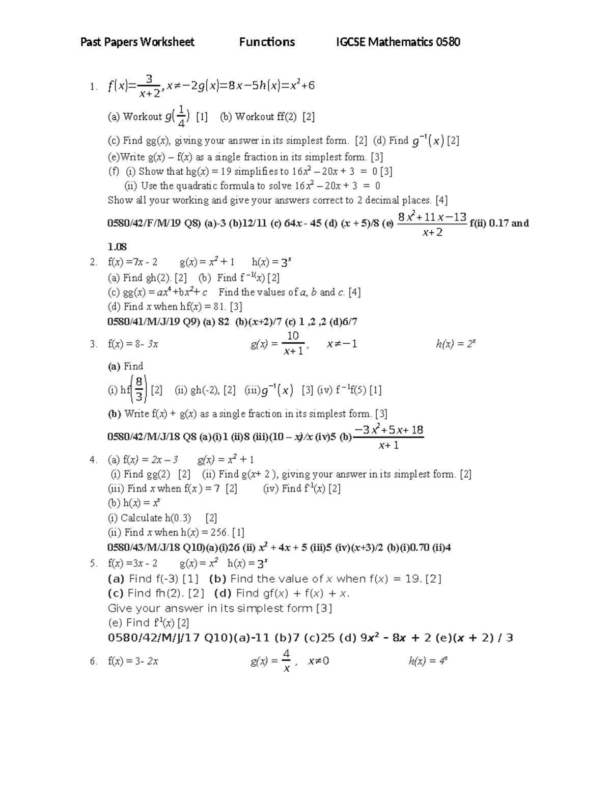 Past Papers Worksheet on Functions for IGCSE Math 0580 - Studocu