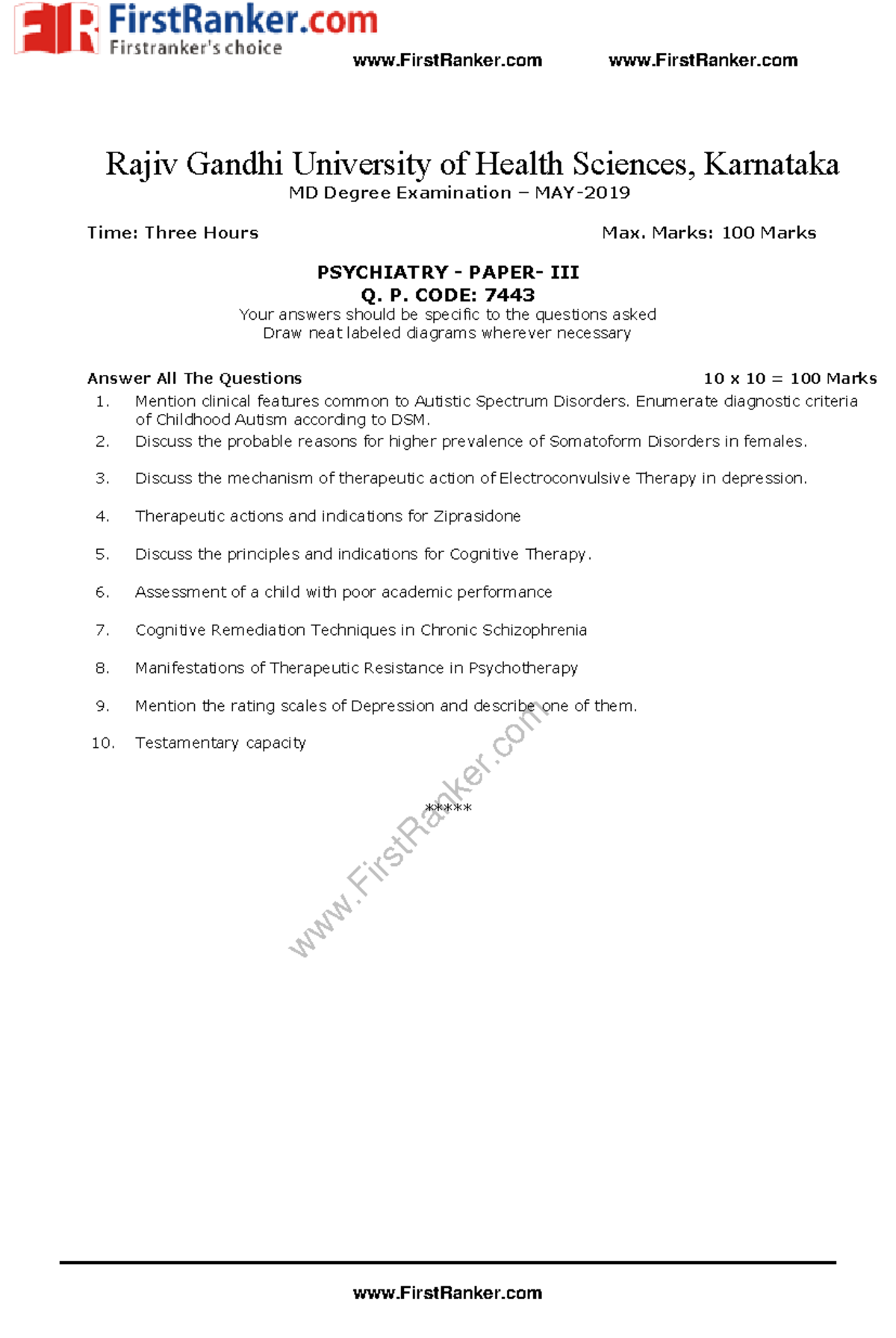 MD Psychiatry Exam QP Code: 7443 - May 2019 Question Paper - Studocu