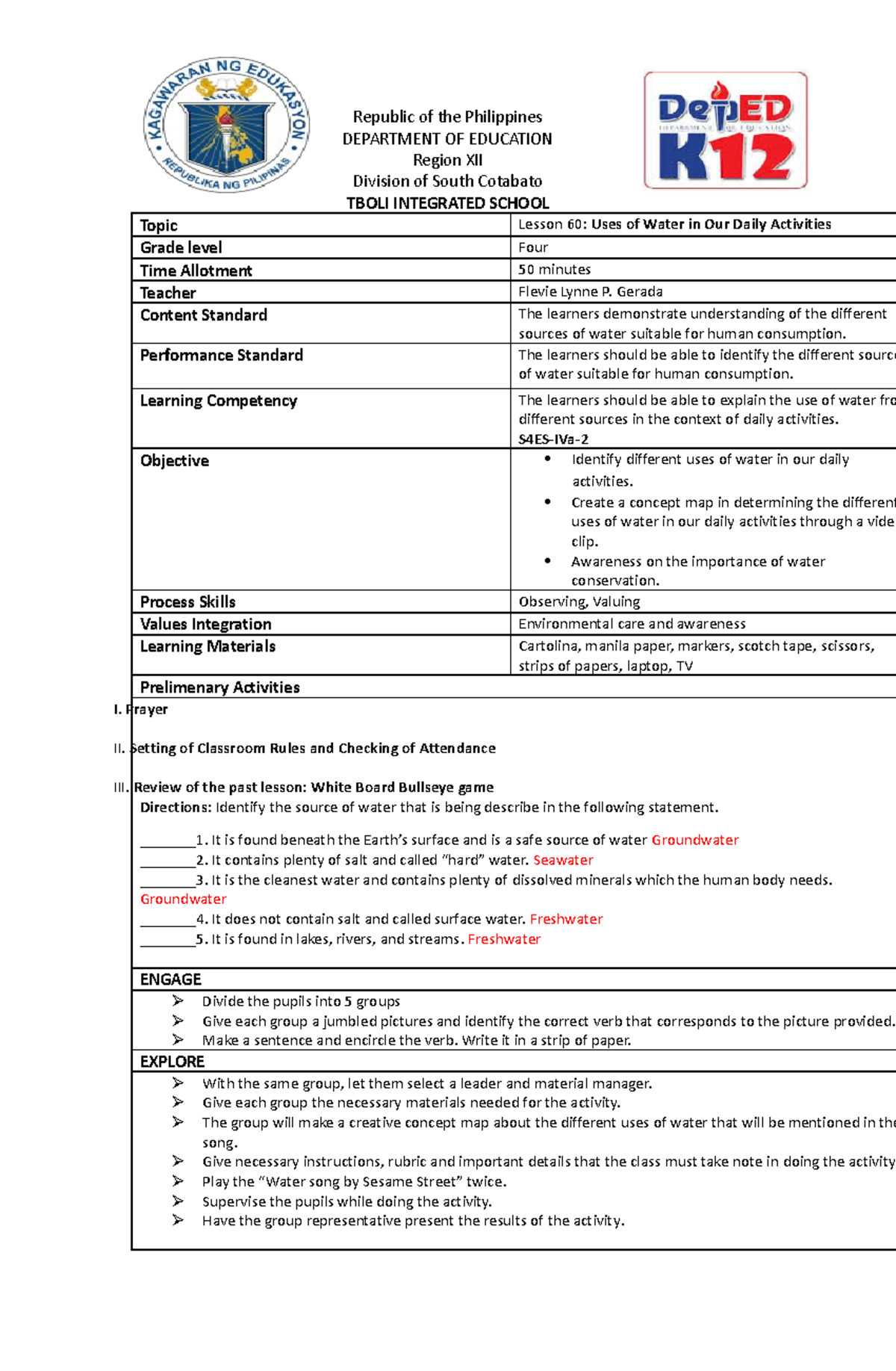 Uses of Water Lesson Plan for Grade 4 (S4ES-IVa) - Studocu