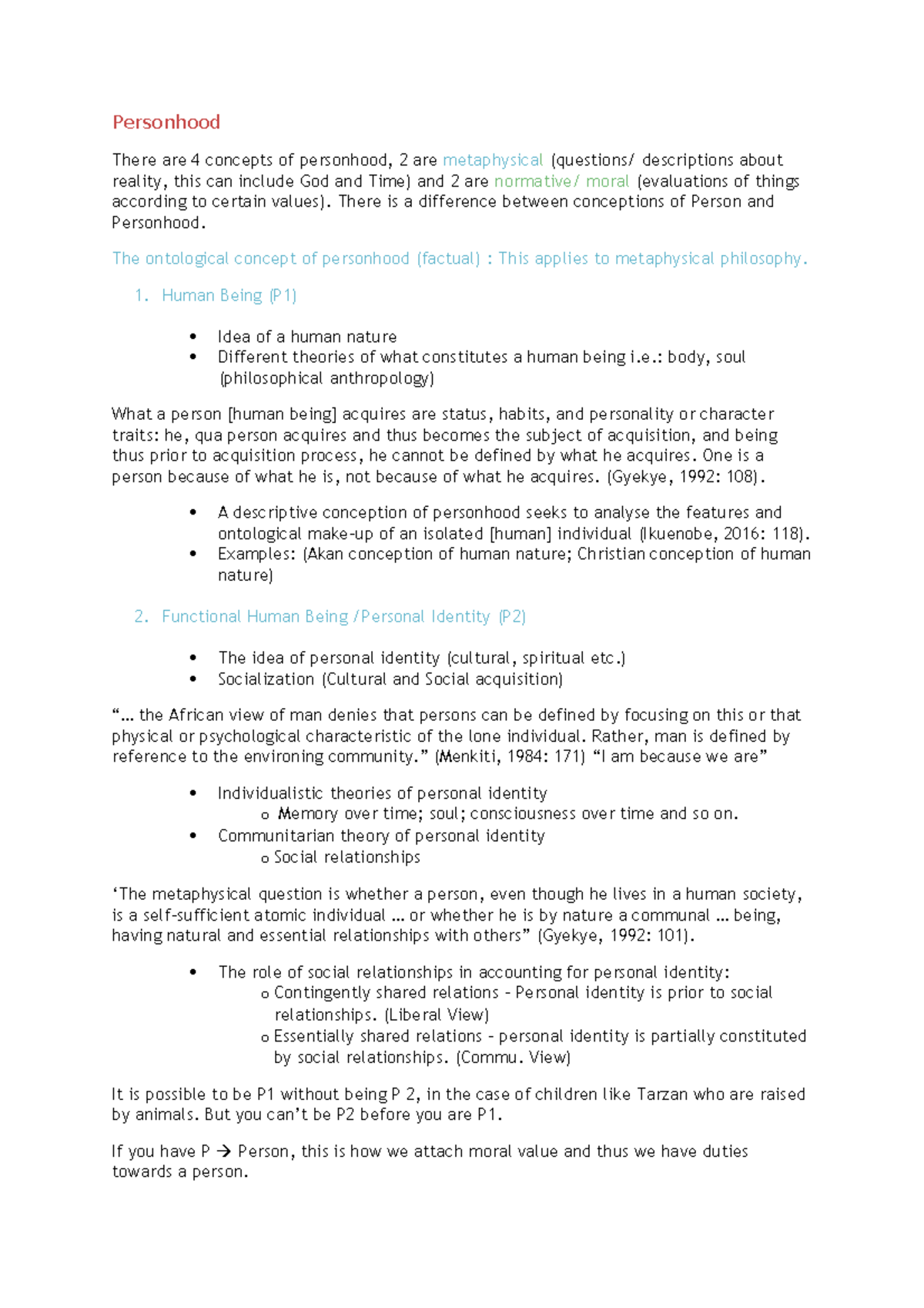 Personhood - Lecture Notes on Metaphysical & Normative Concepts 1-2 ...