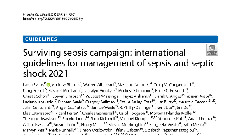 2021 Guidelines for Management of Sepsis and Septic Shock (ICM) - Studocu