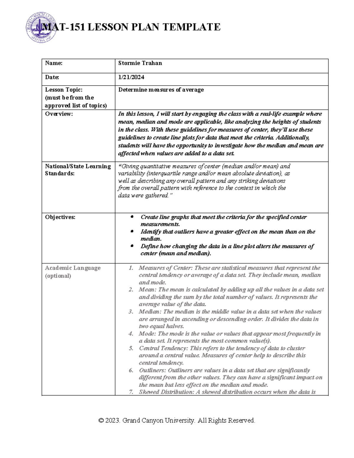 MAT-151 Lesson Plan: Measures of Center and Data Exploration - Studocu