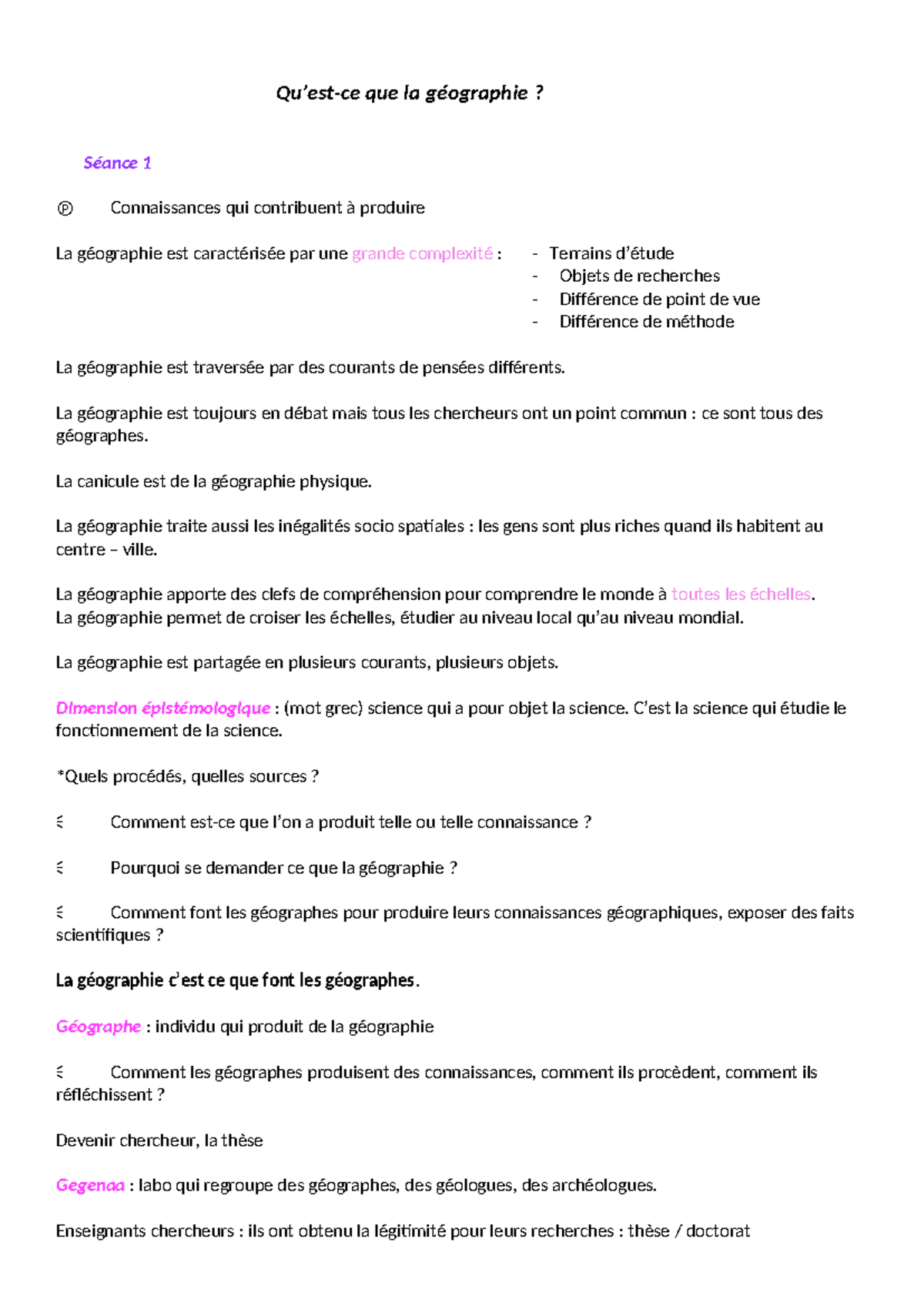 Qu'est-ce que la géographie ? Cours d'introduction - Séance 1 à 6 - Studocu