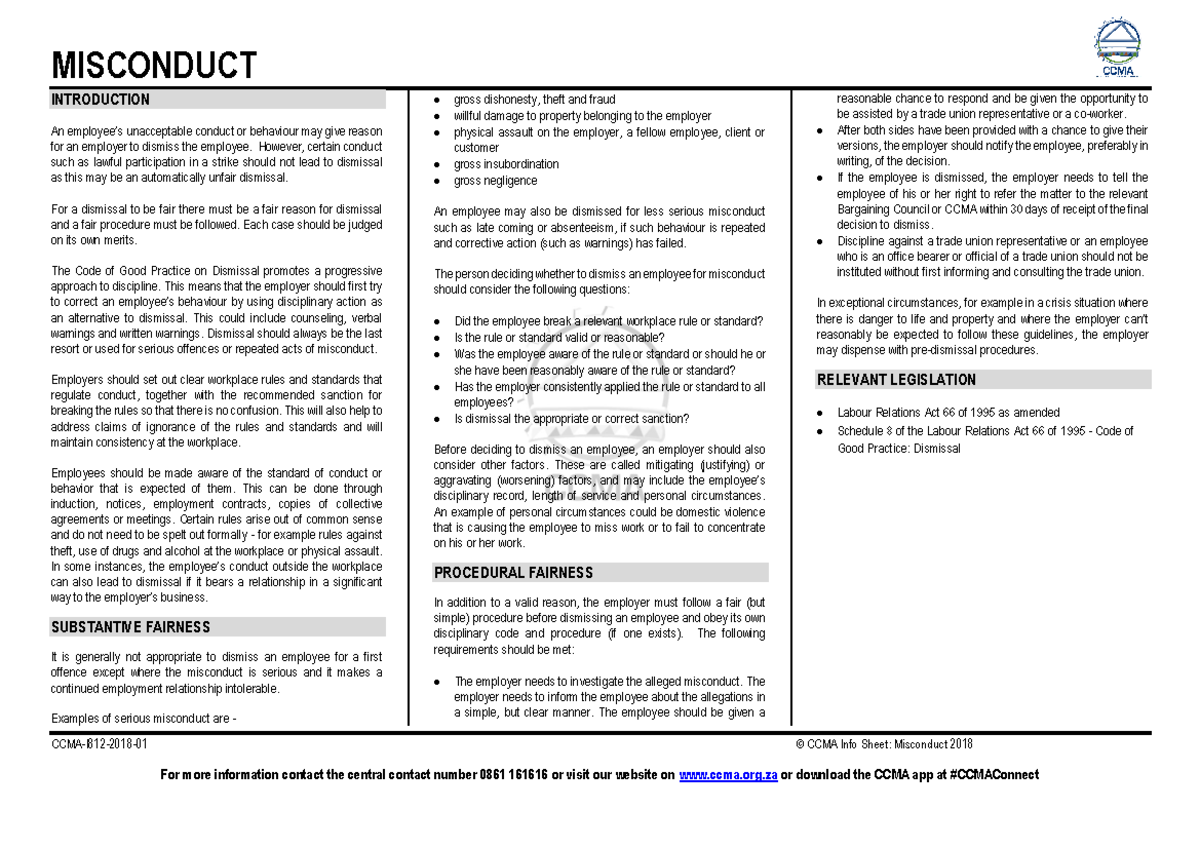 CCMA-I812 Misconduct Info Sheet 2018: Fair Dismissal Guidelines - Studocu