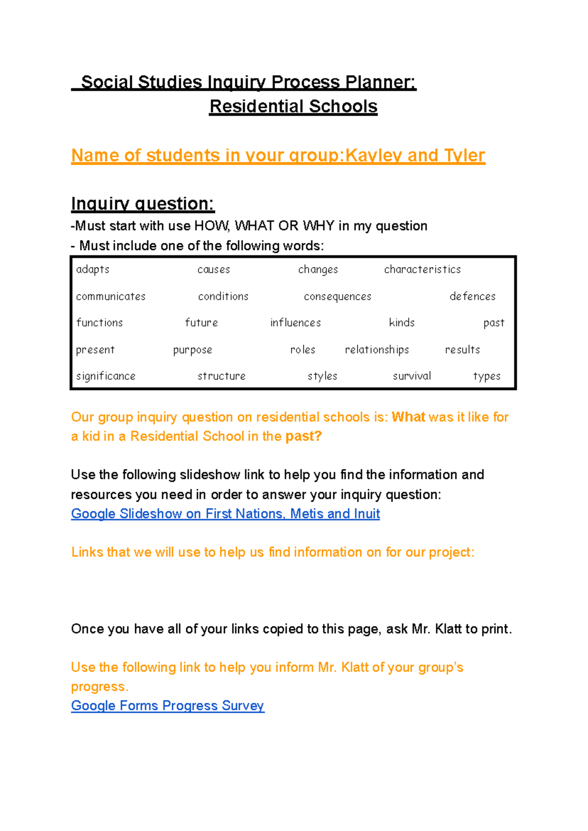 Social Studies Inquiry Process Planner: Residential Schools Project ...