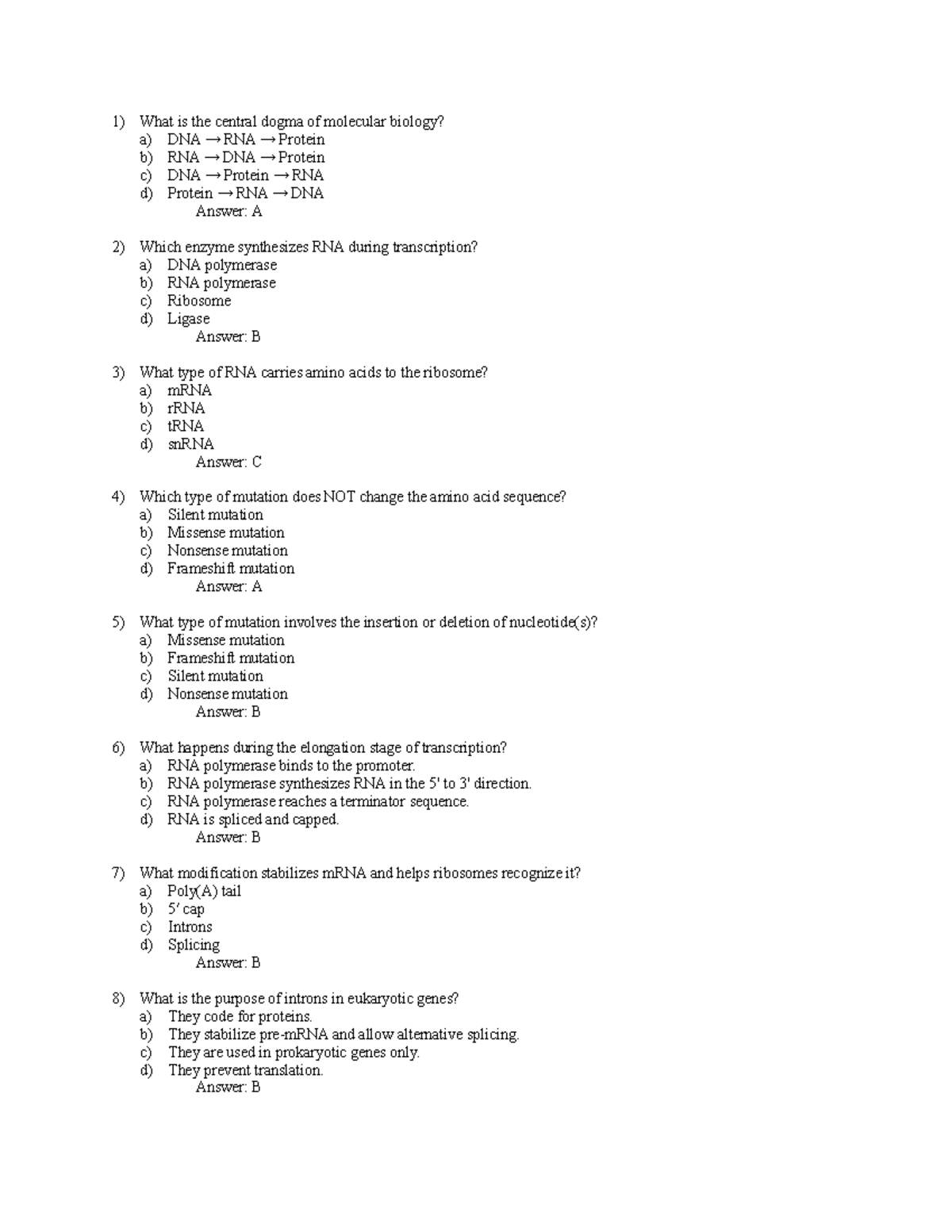 Chapter 12 Practice Questions on Gene Expression (BIO101) - Studocu
