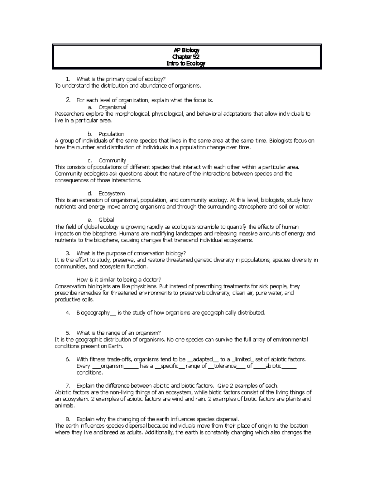 AP Biology Chapter 52 Ecology Review Notes - Studocu