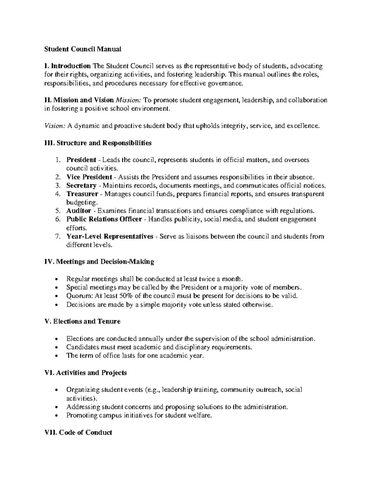 Student Council Manual Draft: Roles, Procedures & Governance Guide ...