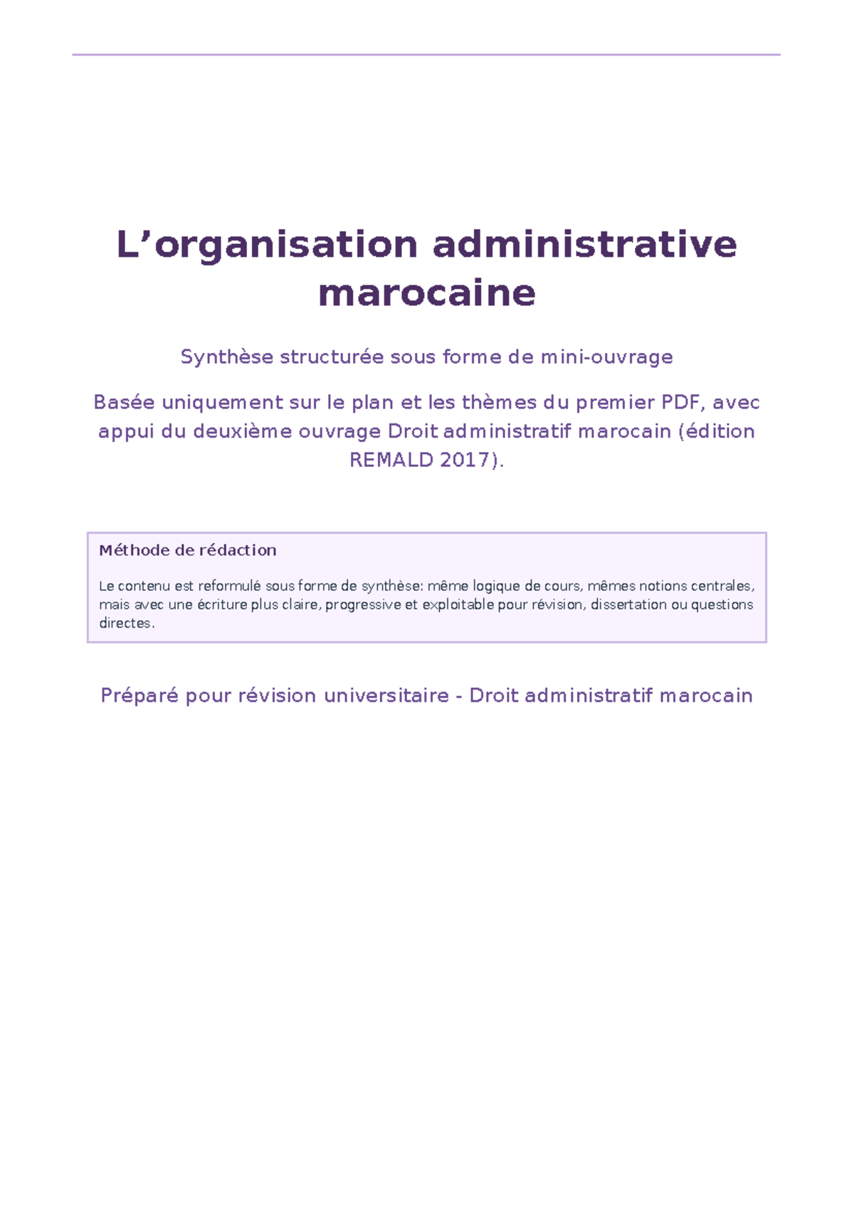 Synthèse sur l'Organisation Administrative Marocaine - Droit ...