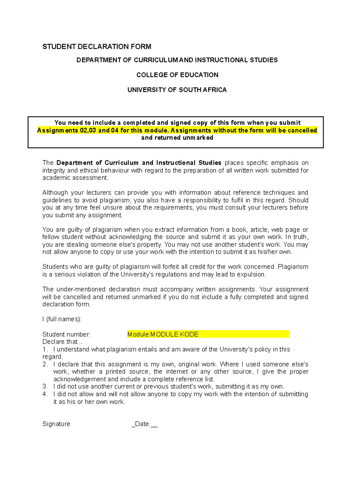 Student Declaration Form for Academic Integrity - CI 101 - Studocu