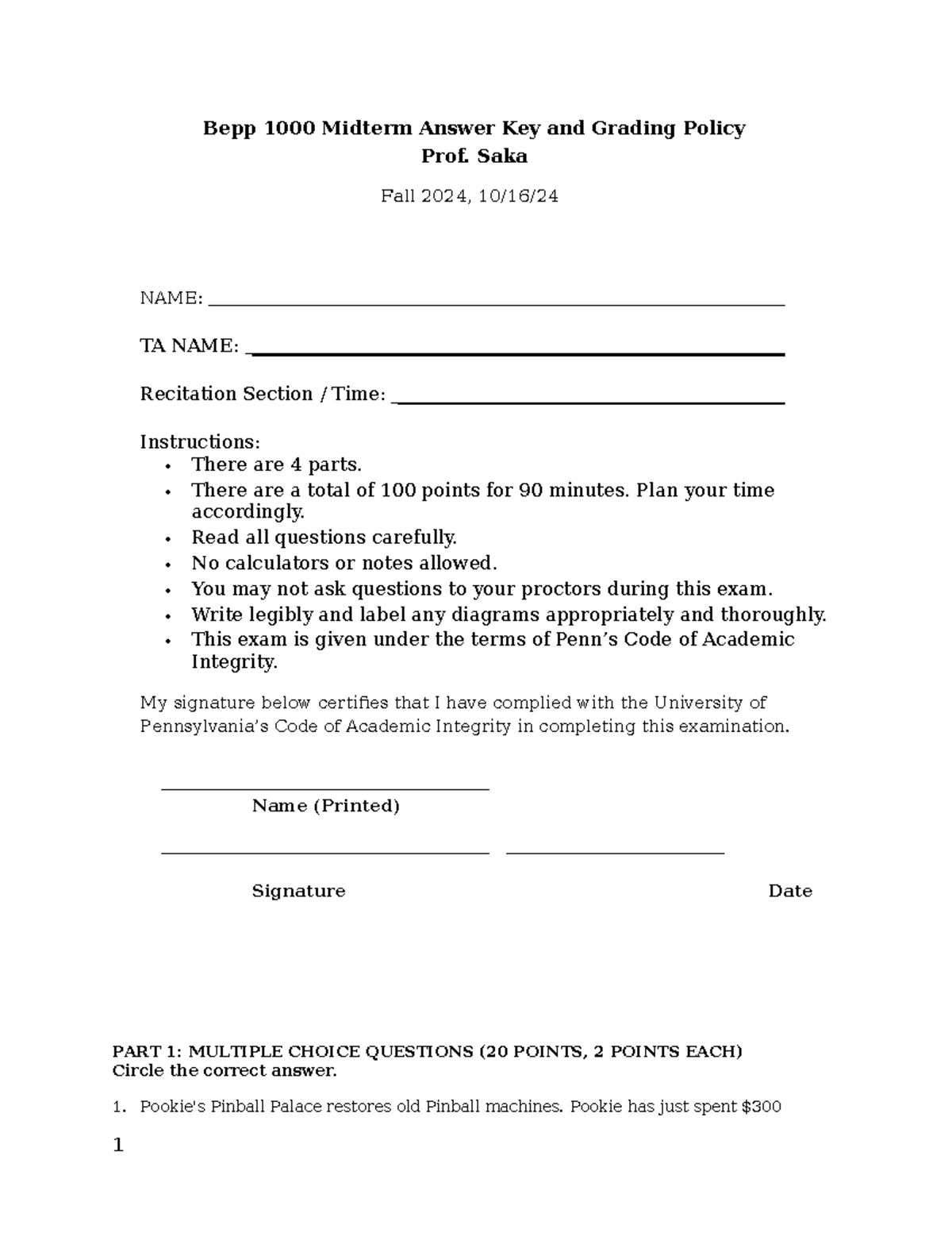 Practice Midterm 1 Answer Key & Grading Policy (SAKA F24 BEPP 1000) - Studocu