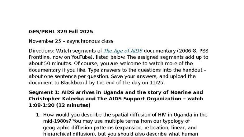 329 Fall 2025 Viewing Guide: The Age of AIDS Documentary Analysis - Studocu