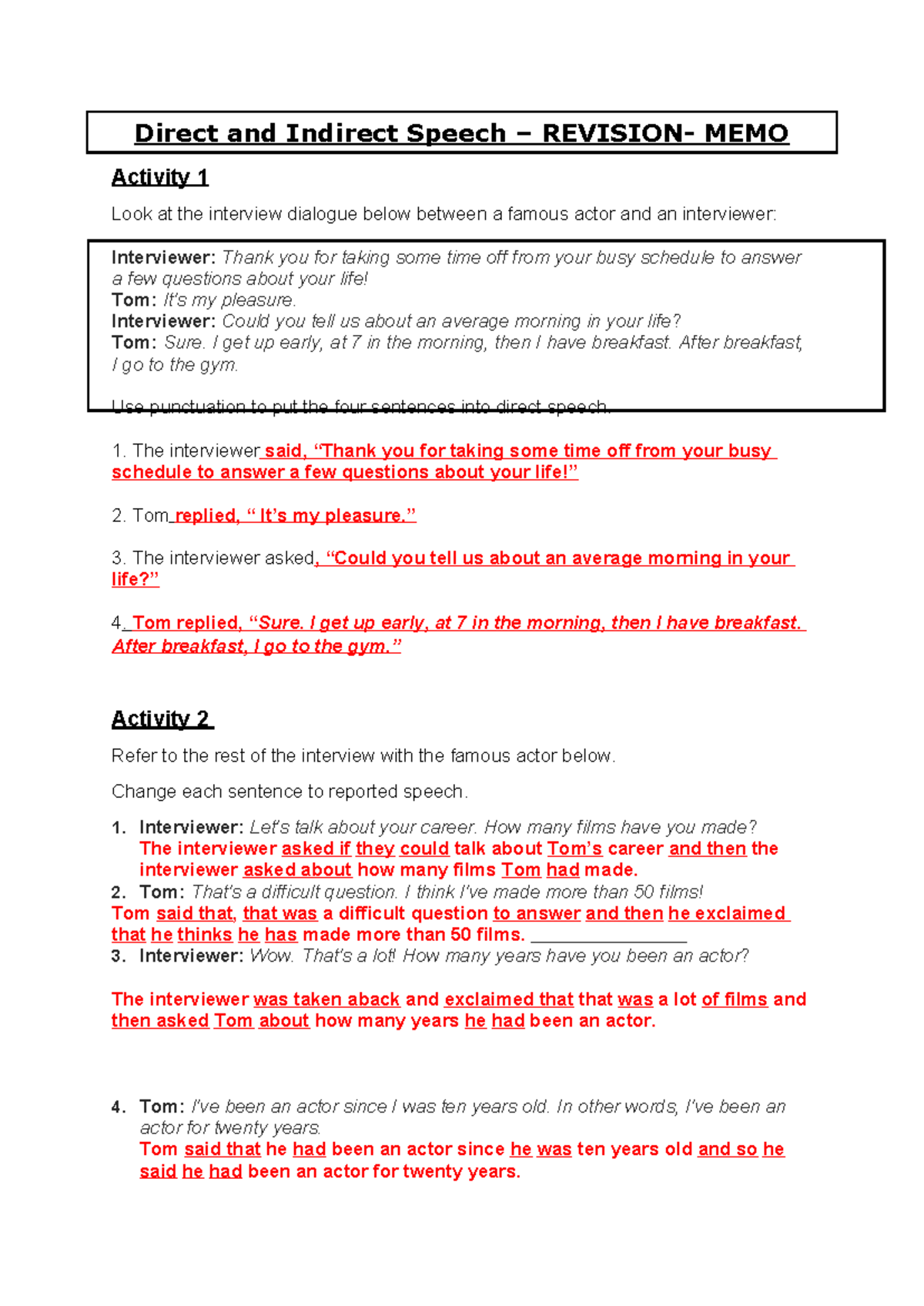 MEMO Direct and Indirect Speech Revision Worksheet - Studocu
