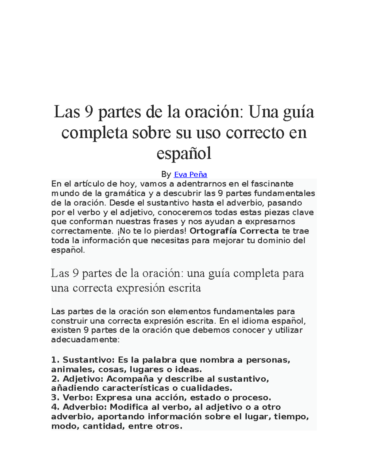 Las 9 partes de la oración en español: guía completa de uso - Studocu