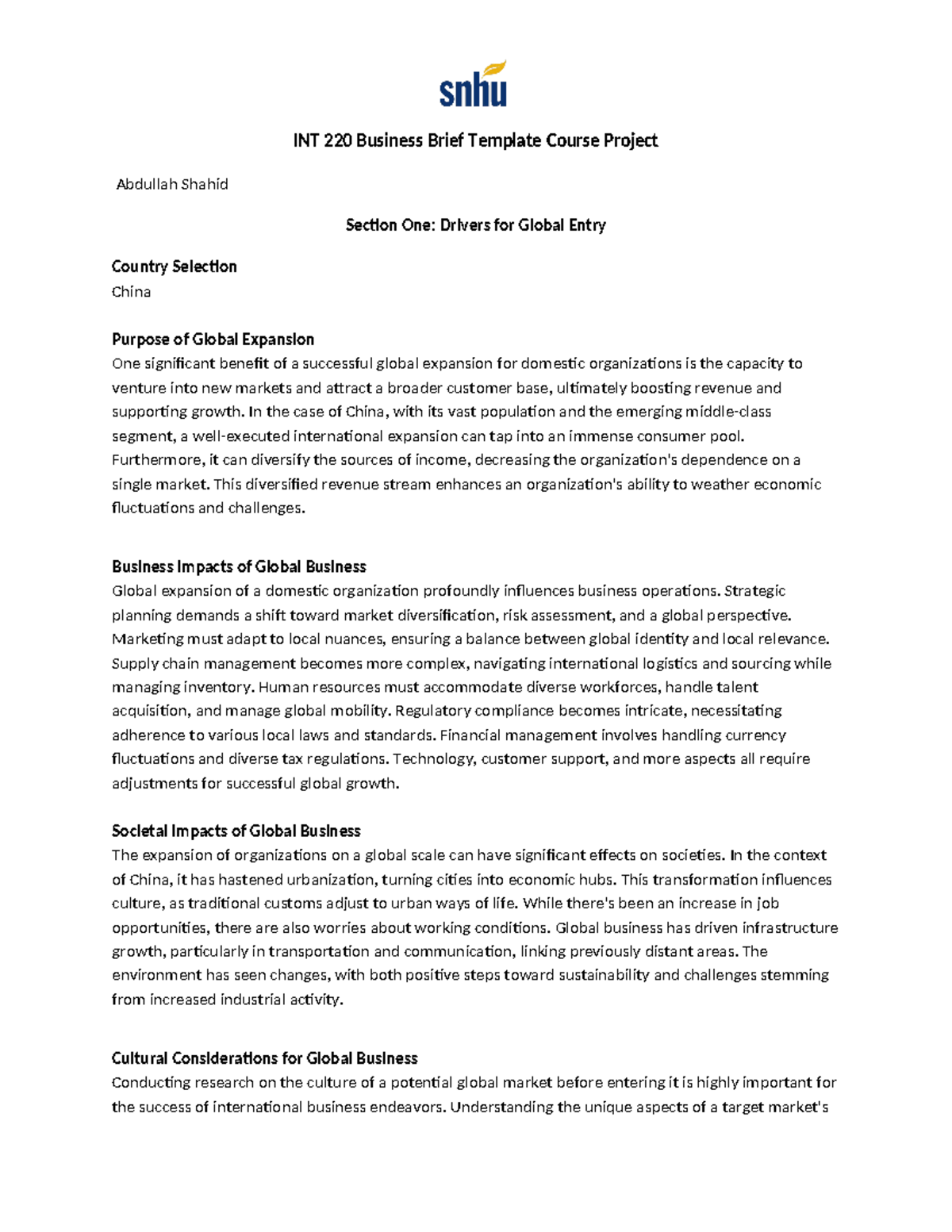 INT 220 Milestone 2: Business Brief on Global Expansion Strategies ...