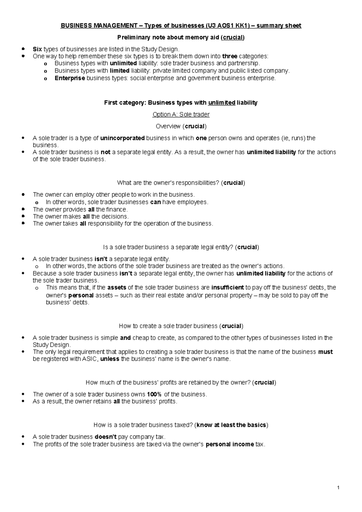BUSINESS MANAGEMENT (U3 AOS1 KK1) - Types of Businesses Summary Sheet ...
