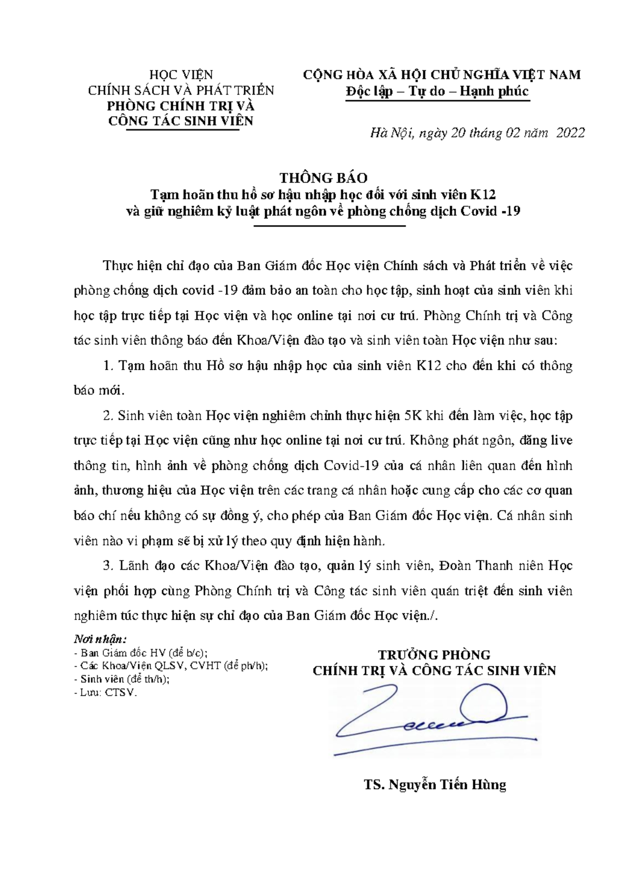 Thong bao HOÃN THU HỒ SƠ SV K12 - HỌC VIỆN CHÍNH SÁCH VÀ PHÁT TRIỂN ...