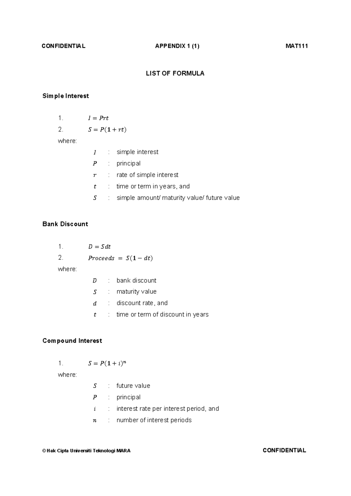MAT111 Confidential Appendix: Key Financial Formulas - Studocu