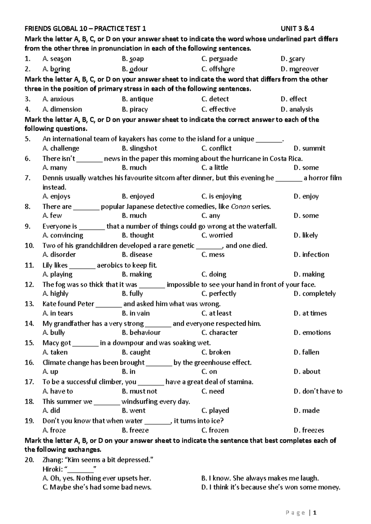 Grade 10 - Practice Tests UNIT 3 & 4 PN on Tap December - Studocu