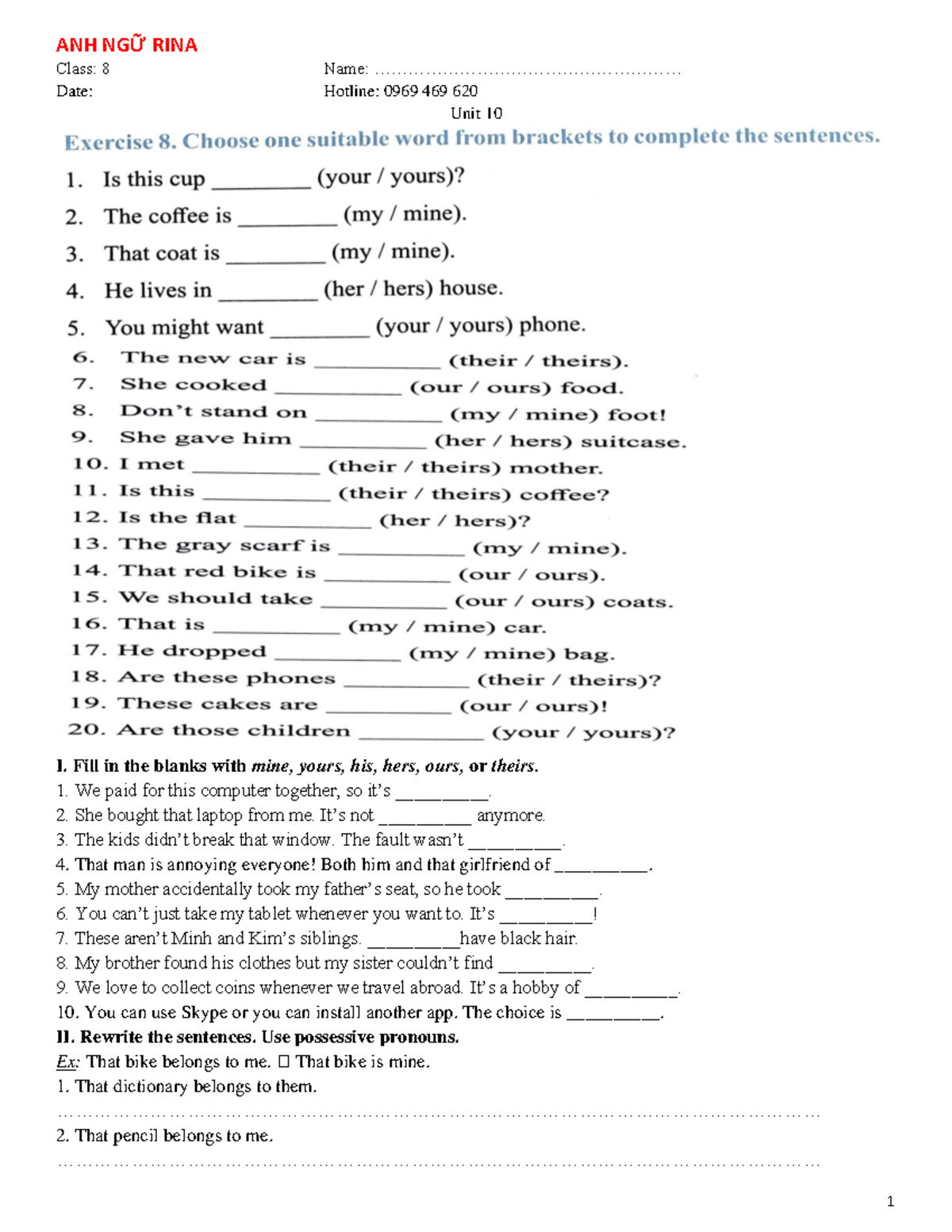 Unit 10: Grammar and Vocabulary Practice for ANH NGỮ RINA Class 8 - Studocu