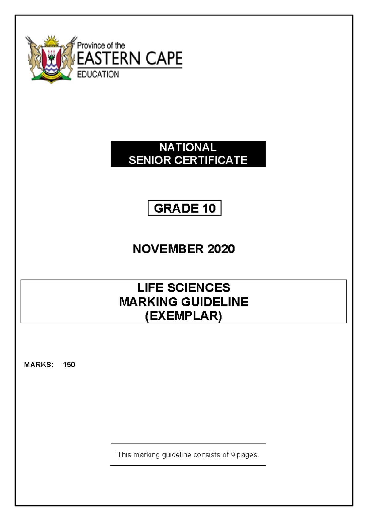 LIFE SCIENCES P1 G10 MEMO NOV 2020 - MARKING GUIDELINE - Studocu