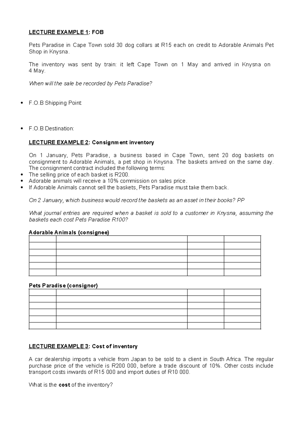 Inventory Lecture Examples: FOB, Consignment, and Cost Analysis - Studocu