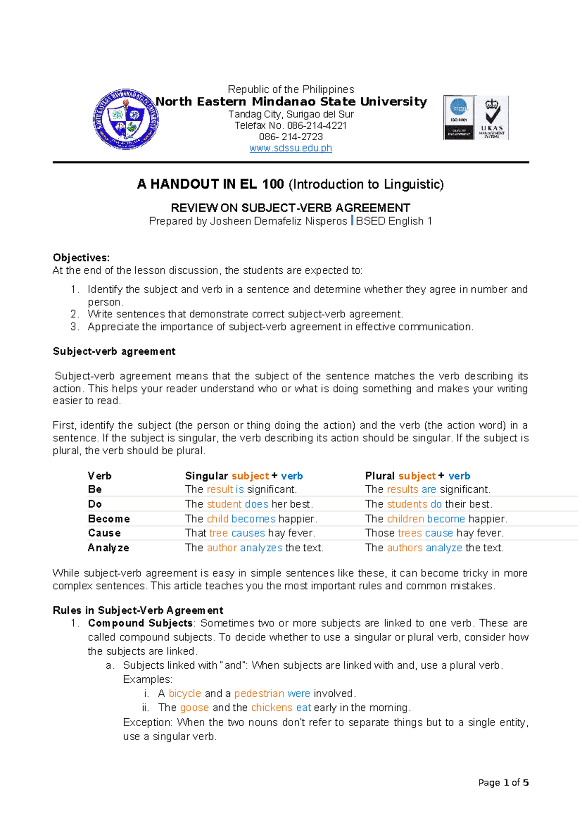 EL 100 Handout: Subject-Verb Agreement Rules & Examples - Studocu