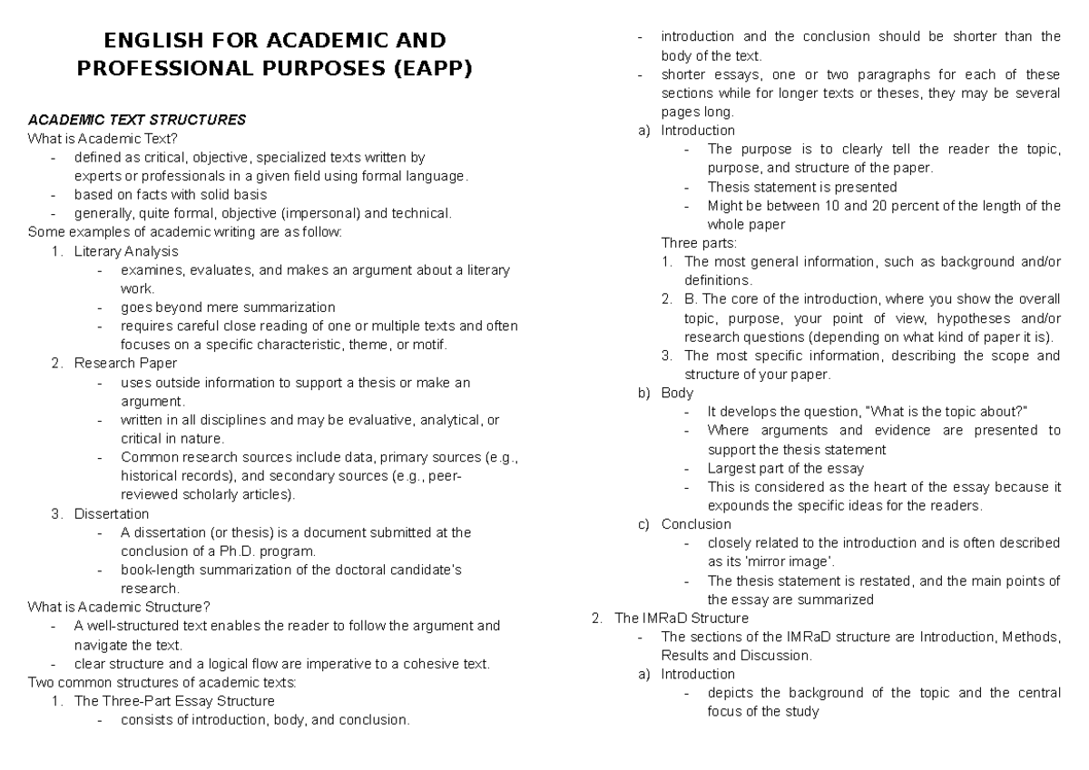 EAPP Academic Text Structures: Notes and Questions - Studocu