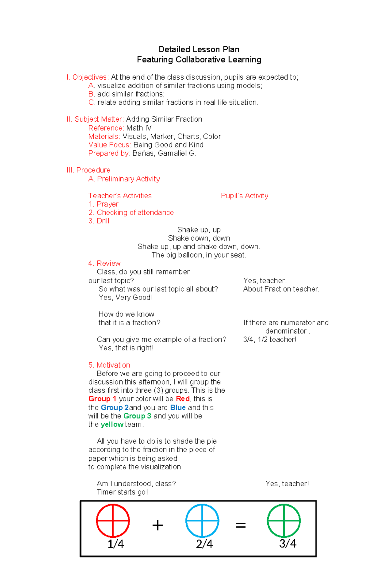 Detailed Lesson Plan on Adding Similar Fractions (Math IV) - Studocu