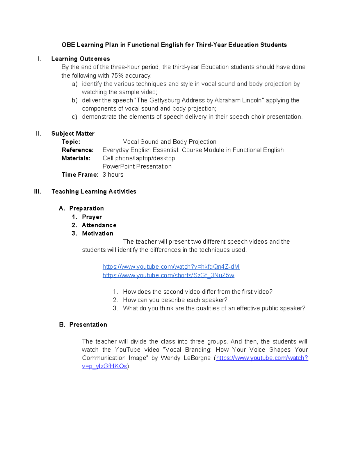 Functional English Learning Plan: Vocal Sound & Body Projection - Studocu