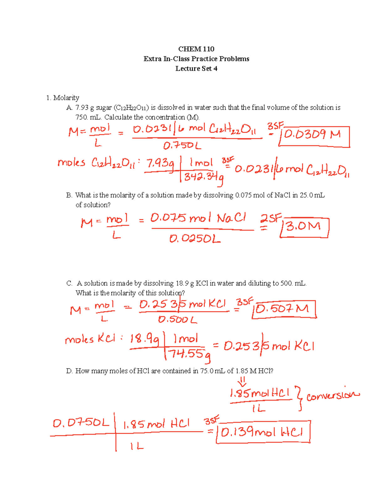 Chem 110 Lecture 4 Practice Problems Chem 110 Extra In Class Practice Problems Lecture Set 4