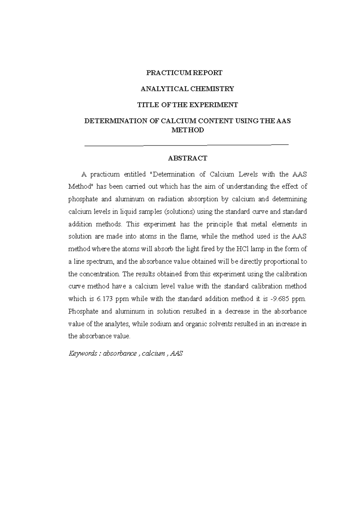 Lab Report on Calcium Determination by AAS Method - Studocu