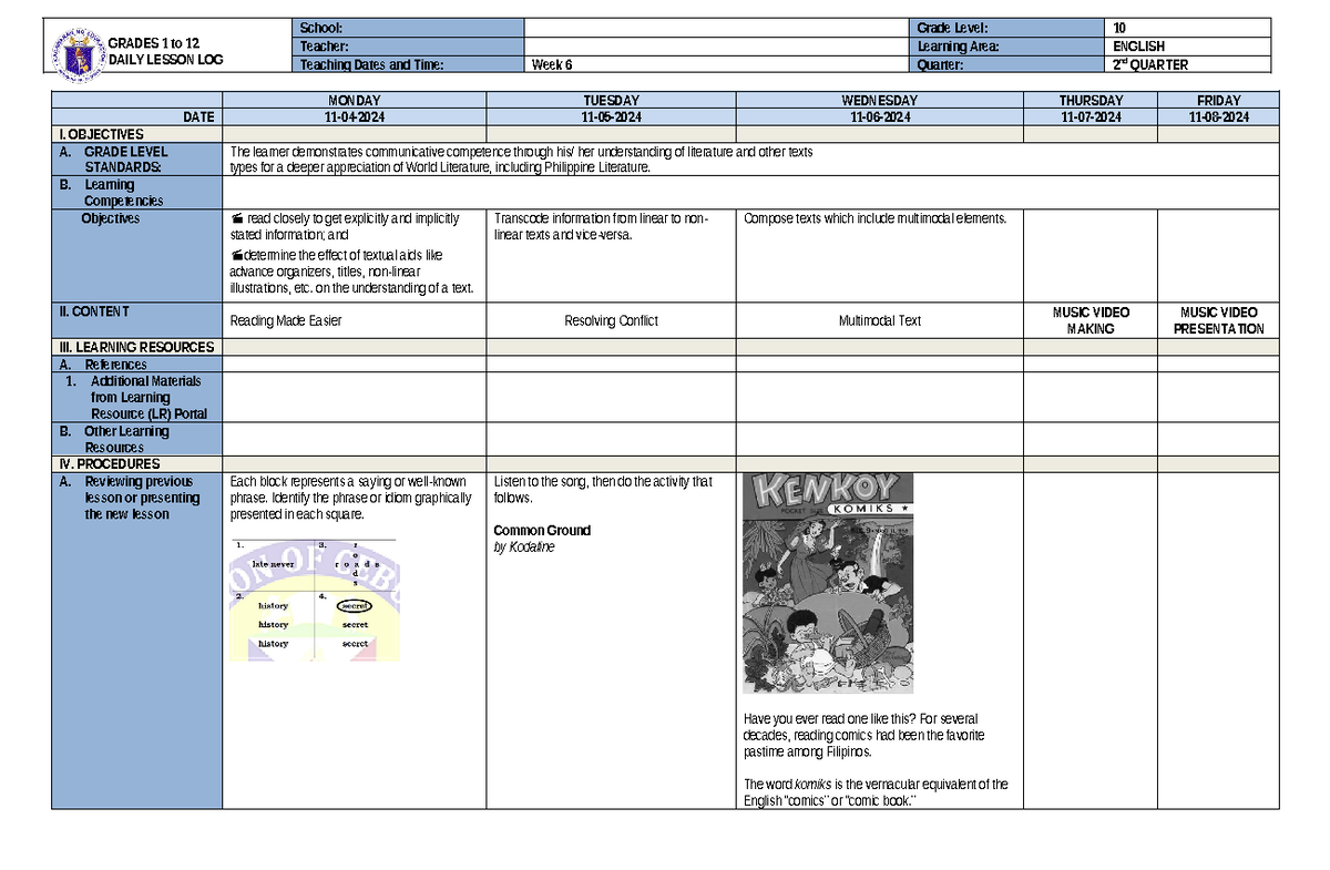 English 10 Q2: Weekly Lesson Plan for Week 6 Activities - Studocu