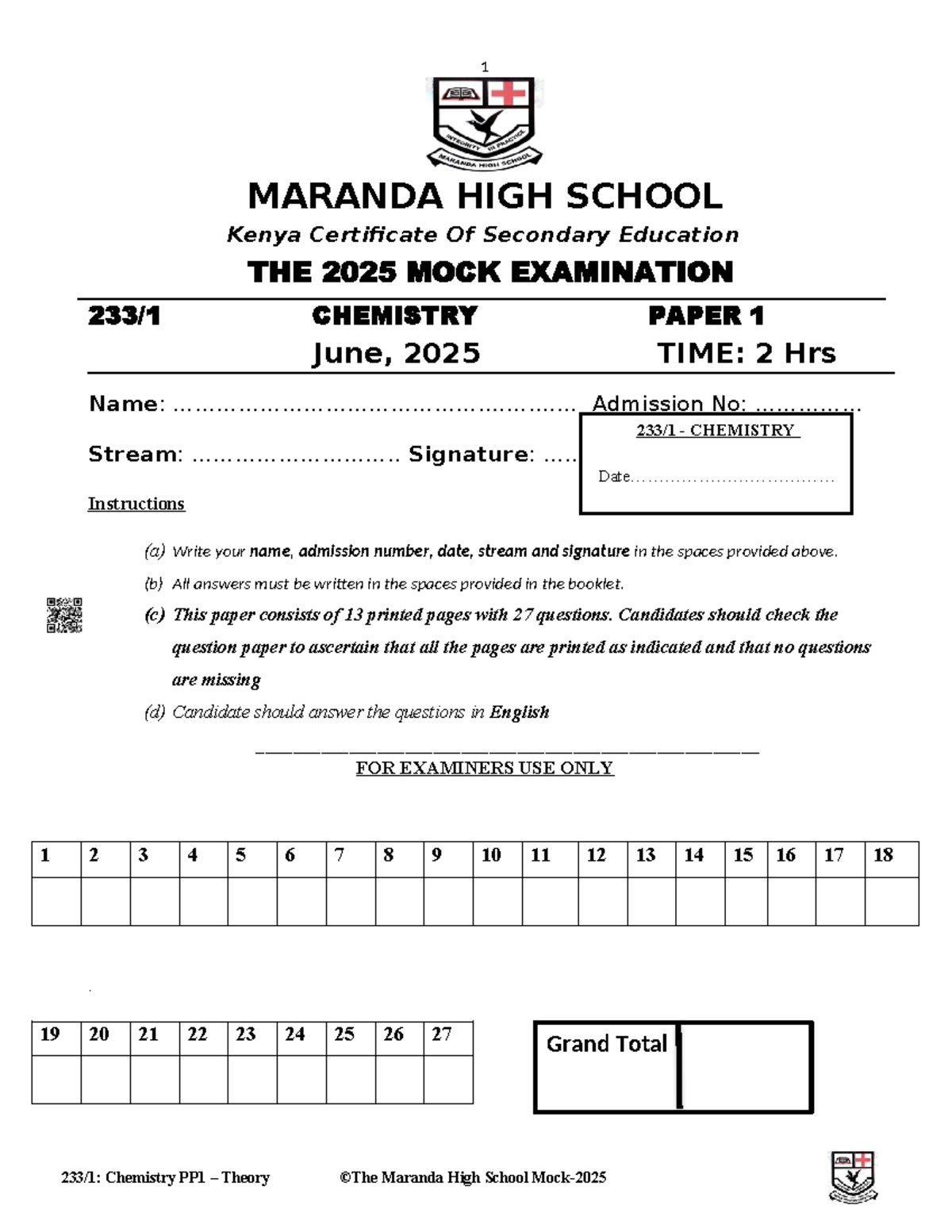 Maranda High School KCSE 2025 Mock Exam Chemistry Paper 1 - Studocu