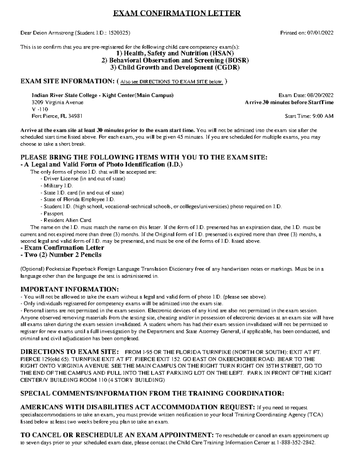 1520325 Exam Confirmation Letter - EXAM CONFIRMATION LETTER Dear Deion ...