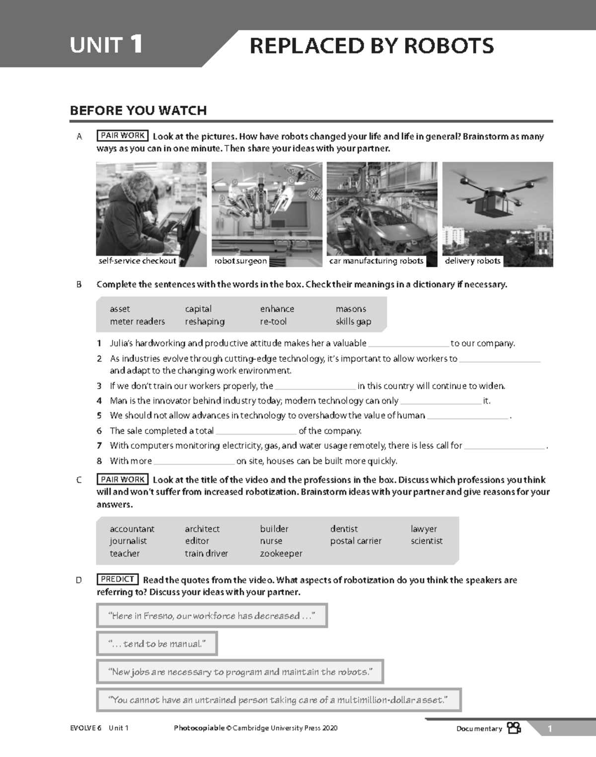 Evolve Level 6: Unit 1 - Replaced Robots Video Discussion Guide - Studocu