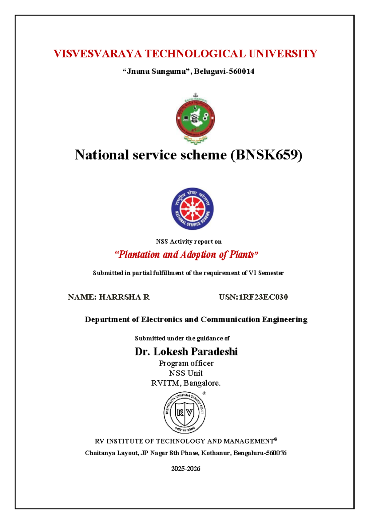 NSS Activity Report on Environmental Conservation (BNSK659) - Studocu