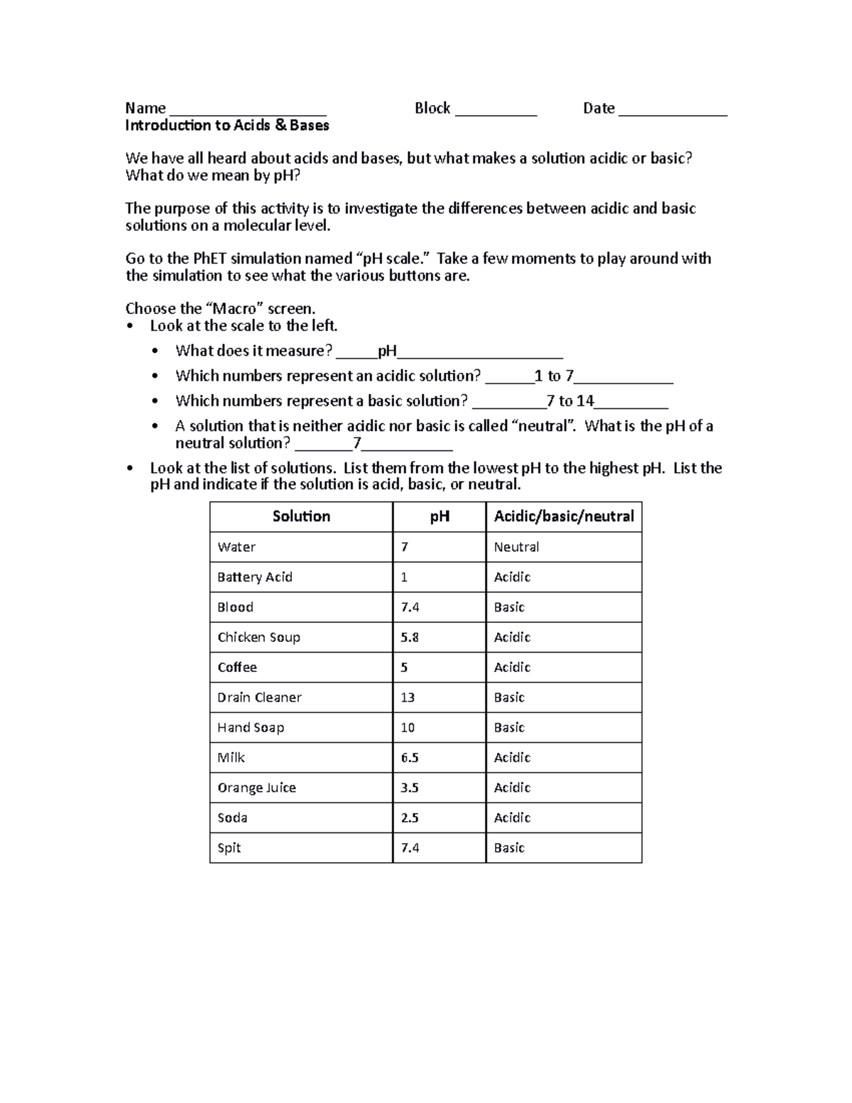 PhET pH Lesson: Exploring Acid-Base Solutions & Concentration - Studocu