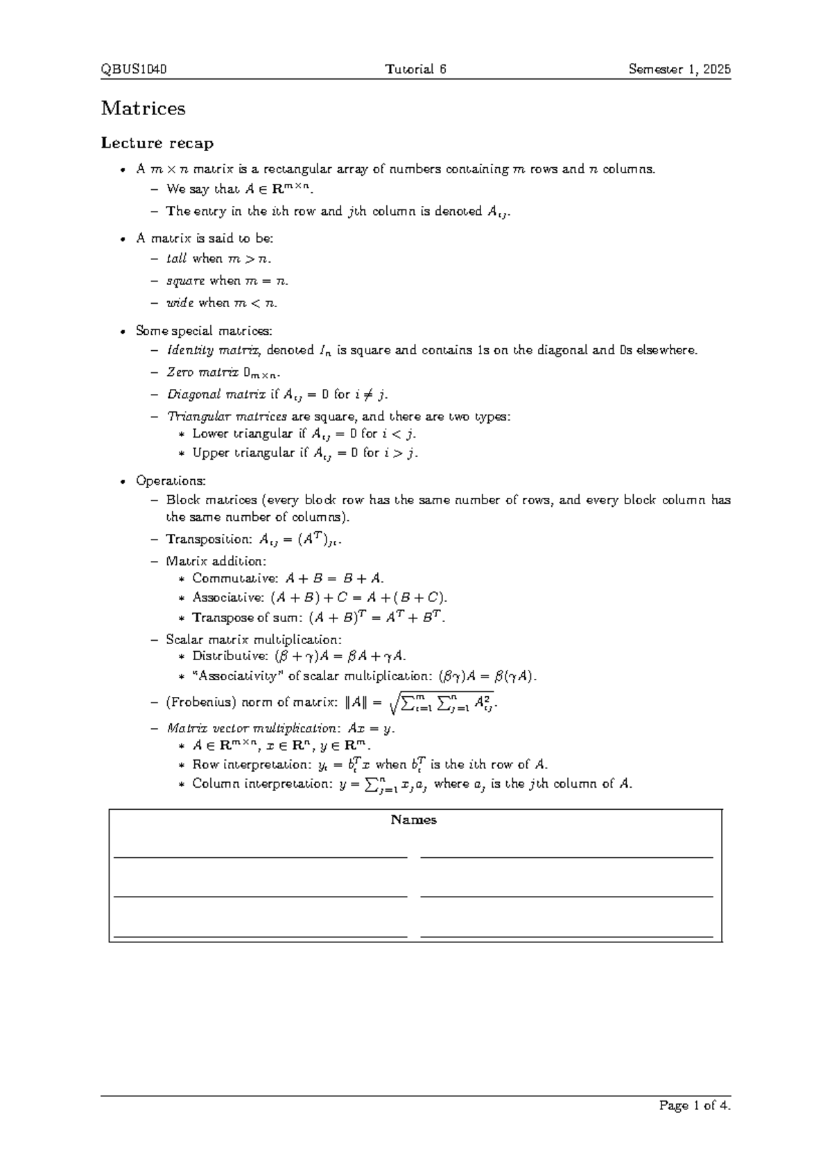 QBUS1040 Tutorial 6 Semester 1, 2025 Matrices and Operations Recap ...