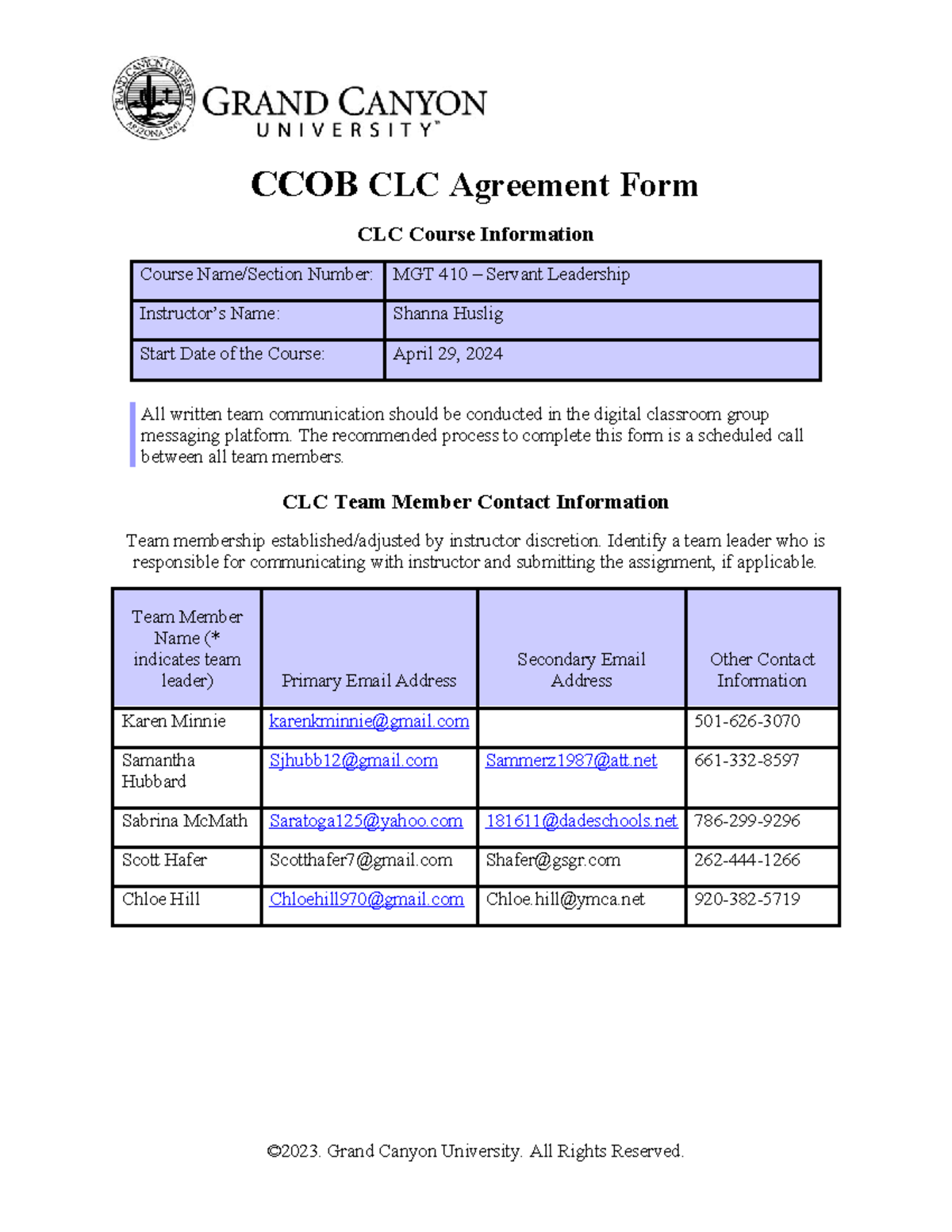 MGT 410 CCOB CLC Agreement Form & Team Procedures Guide - Studocu