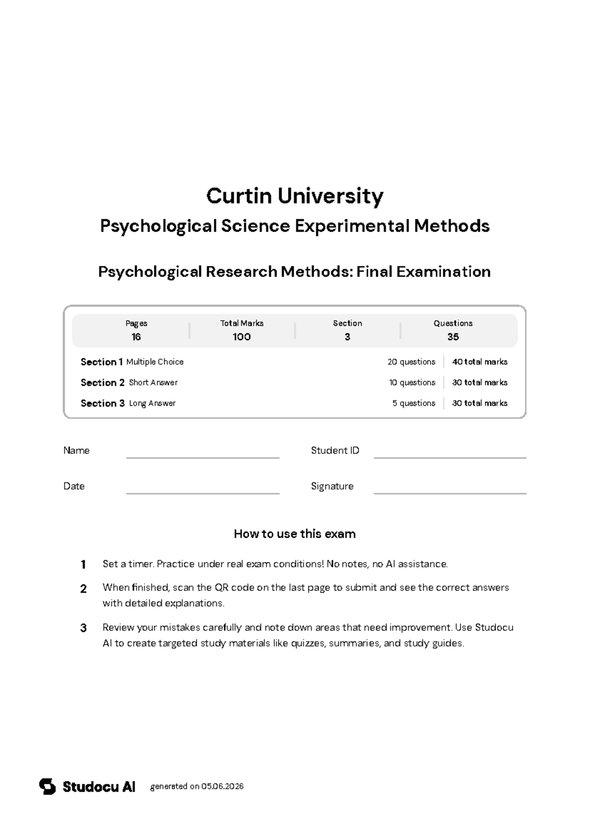 Psychological Research Methods: Final Examination - Studocu