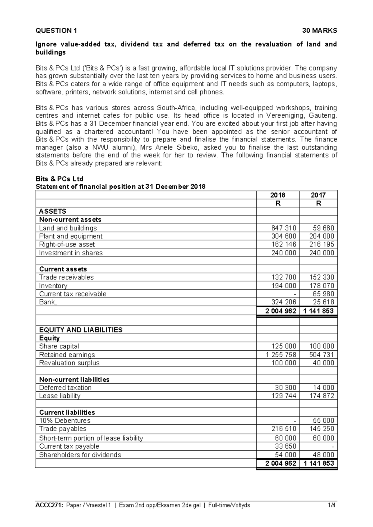 ACCC271 Financial Statements Analysis - Bits PCs Ltd Exam 2018 - Studocu