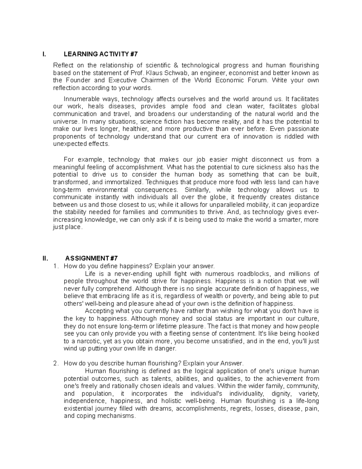 Reflection on Sci-Tech and Human Flourishing: Learning Activity 7 - Studocu