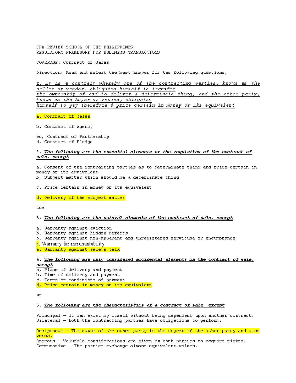 Regulatory Framework for Business Transactions: LAW ON SALES (RFBT 8504) - Studocu